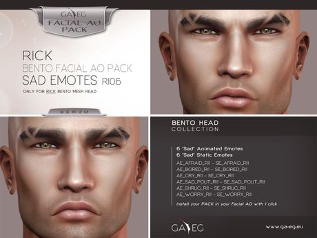Second Life Marketplace - [GA.EG] Rick Bento Facial AO Pack - RI06 Sad ...