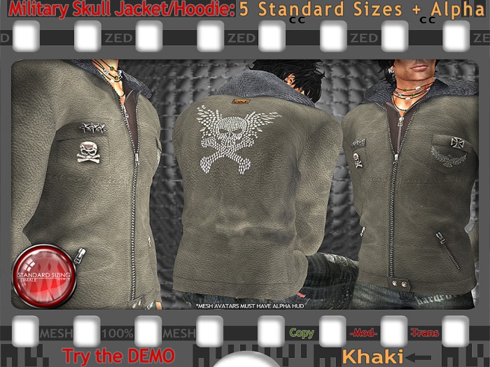 Second Life Marketplace - ZED MESH Mens Khaki Leather Military Skull ...