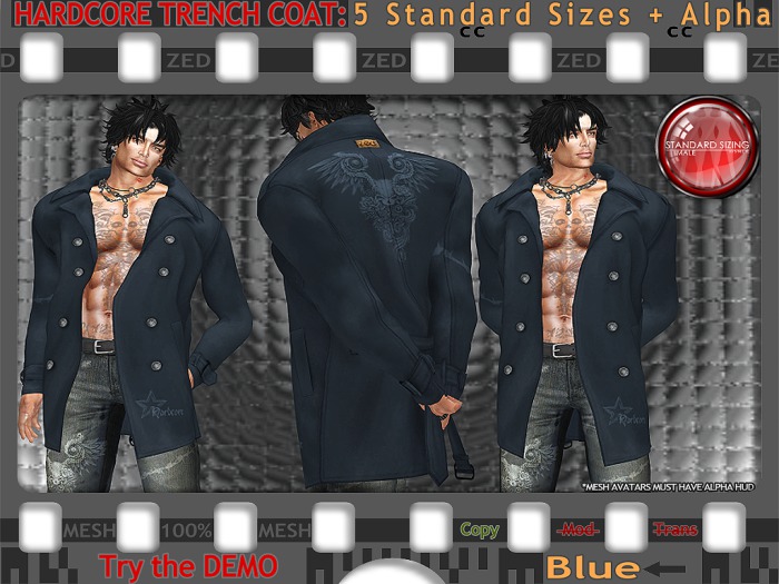 Second Life Marketplace - ZED MESH Mens Blue Hardcore Trench Coat in ...