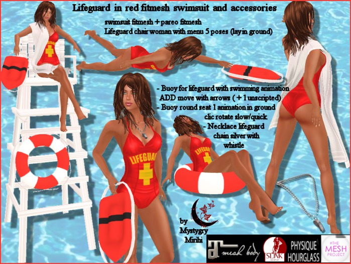 Second Life Marketplace Lifeguard Red Swimsuit With Pareo Lifeguard