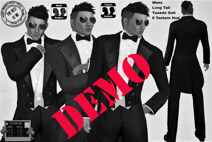 Second Life Marketplace - DEMO Mens Long Tail Tuxedo Suit 8 Texture Hud