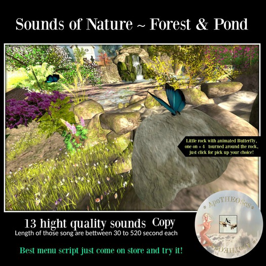 Second Life Marketplace - SOUND~ Stone & Butterfly Forest & Pond Sounds of Nature