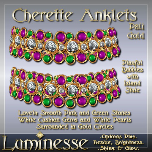 Second Life Marketplace - CHERETTE Pali Anklets OP - Pink Green White Gold