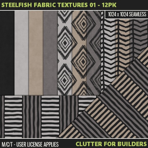 Second Life Marketplace - Clutter - Steelfish Fabric Textures 01 - 12PK