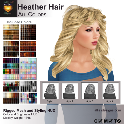 Second Life Marketplace - A&A Heather Hair All Colors Pack. Long rigged ...