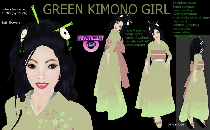 Second Life Marketplace - Asian female avatar with Green Kimono