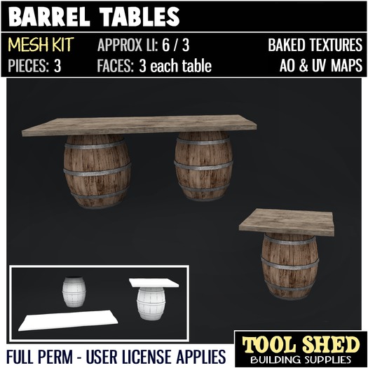 Second Life Marketplace - Tool Shed - Barrel Tables Kit