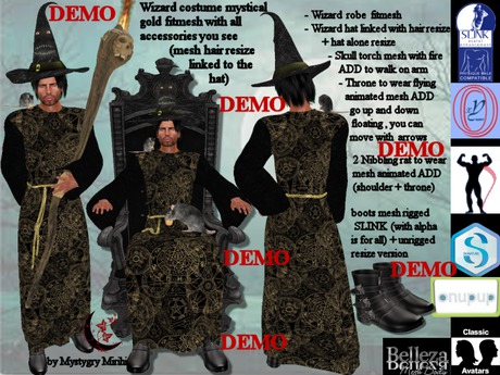 Second Life Marketplace - DEMO Wizard costume mystical gold fitmesh, hair linked with hat resize ...