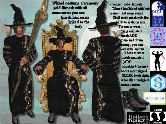 Second Life Marketplace - Wizard costume ceremony gold fitmesh, hair ...