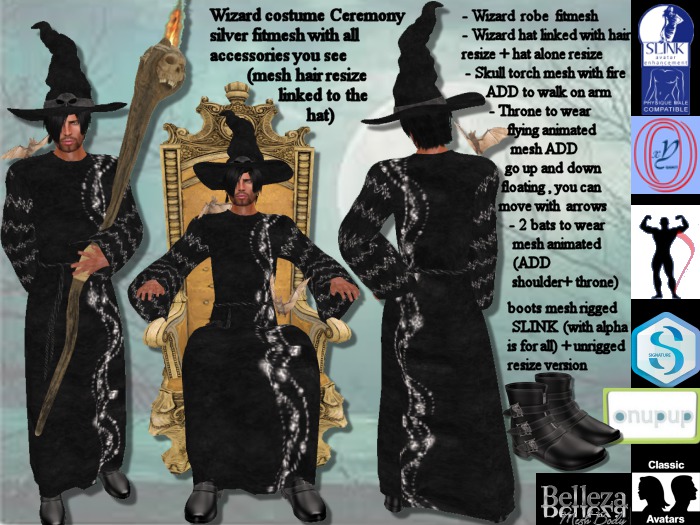 Second Life Marketplace - Wizard costume ceremony silver fitmesh, hair ...