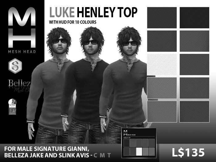Second Life Marketplace - Mesh Head - Luke Men's Henley Shirt - DEMO ...