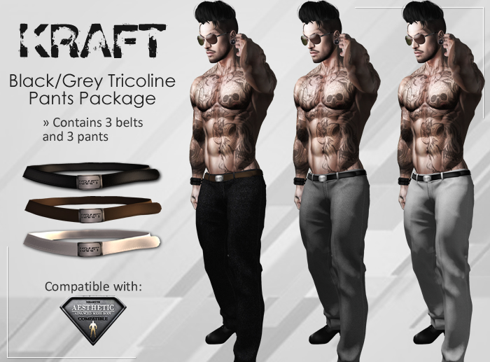 Second Life Marketplace - ::Kraft:: Black/Grey Tricoline Pants Package