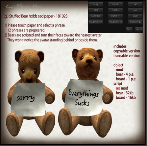 Second Life Marketplace - stuffed bear and sad paper (t) - Teddy bear ...