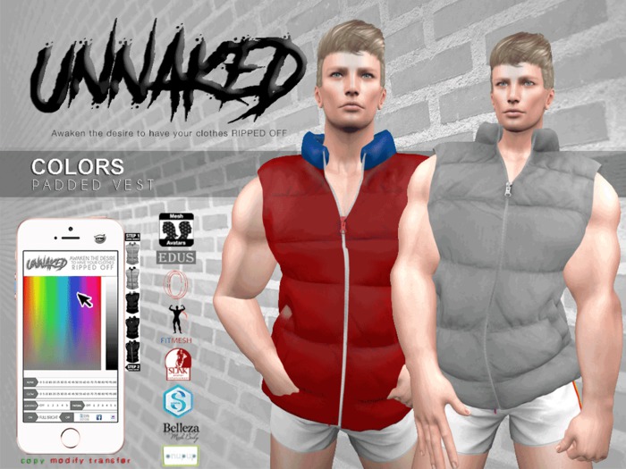 Second Life Marketplace - UNNAKED / PADDED VEST / ALL SIZES / COLORS