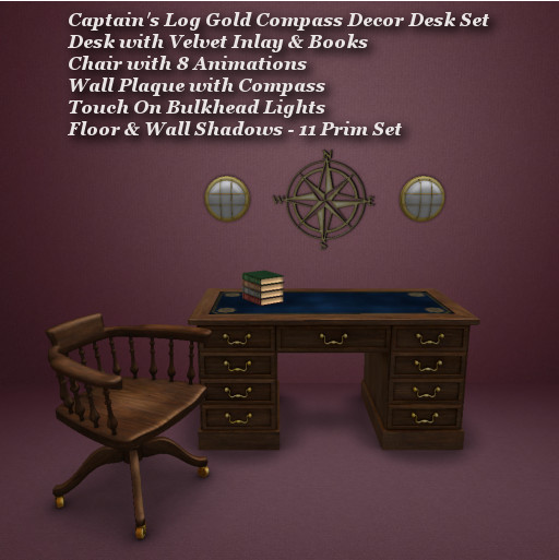 Second Life Marketplace - Captain's Log Compass Gold Desk Set