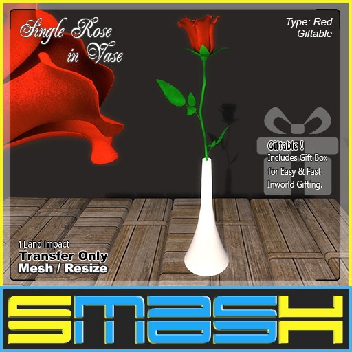 Second Life Marketplace - SMASH - Single Pink Rose in Vase (Giftable)