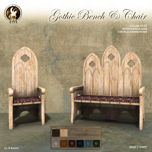 Second Life Marketplace - F&M * Gothic Bench & Chair * Medieval Sofa ...