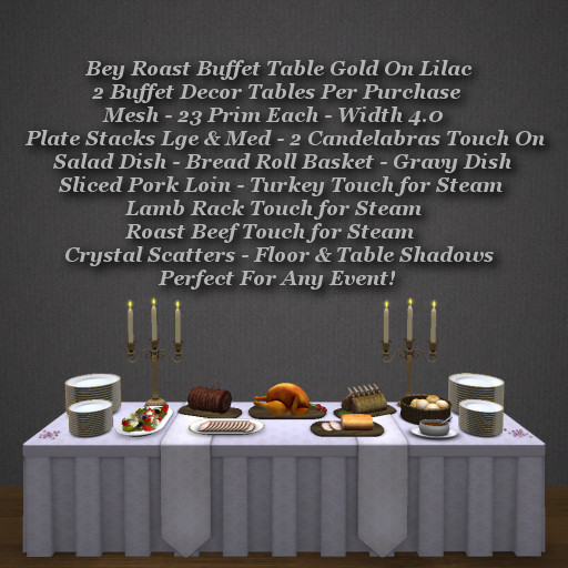 Second Life Marketplace - Bey Roast Buffet Table Gold On Lilac