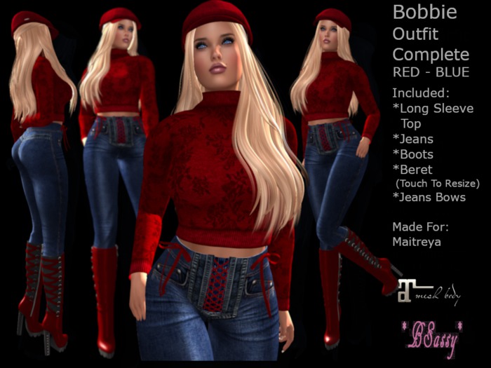 Second Life Marketplace - *BSASSY* BOBBIE JEANS OUTFIT COMPLETE RED-BLUE