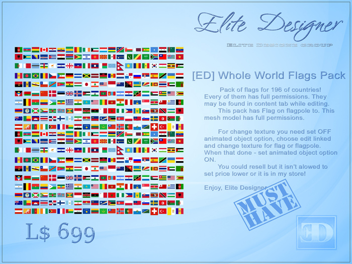 Second Life Marketplace - [ED] Whole World Flag Pack - 196 flags (animated)