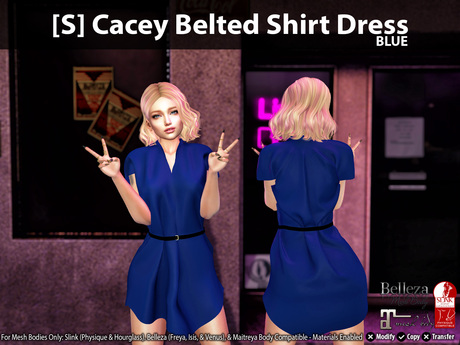 Second Life Marketplace - [S] Cacey Belted Shirt Dress Blue