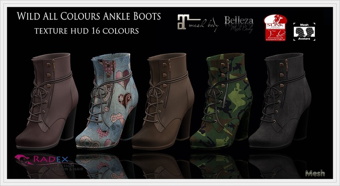 Second Life Marketplace - RADEX Mesh Wild All Colours Ankle Boots
