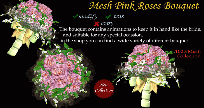 Second Life Marketplace - Mesh Pink Roses Bridal Bouquet