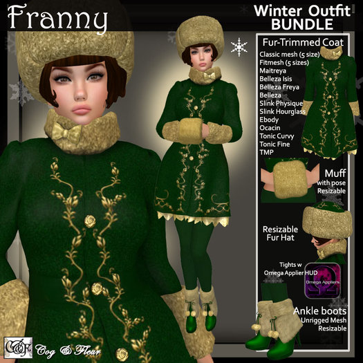Second Life Marketplace - C&F Franny Winter Outfit Bundle - Green/Gold Roses, Mesh, Fitmesh ...