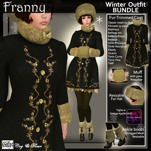 Second Life Marketplace - C&F Franny Winter Outfit Bundle - Black/Gold Roses, Mesh, Fitmesh ...