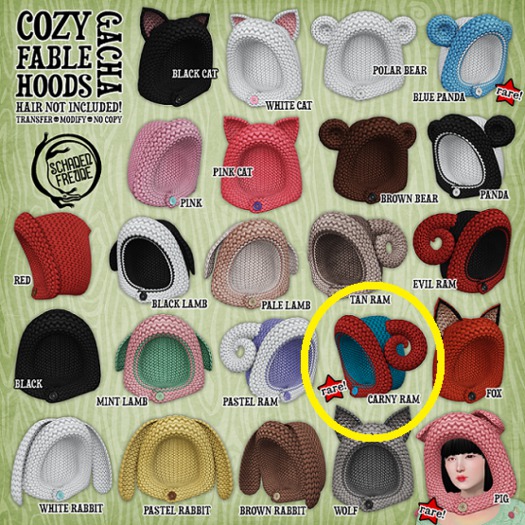 Second Life Marketplace - Schadenfreude Carny Ram Cozy Fable Hood RARE