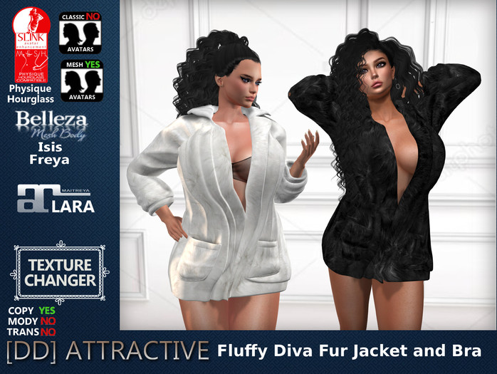 Second Life Marketplace - [DD] ATTRACTIVE Fluffy Diva Fur Jacket / Coat and Nylon Bra Maitreya ...