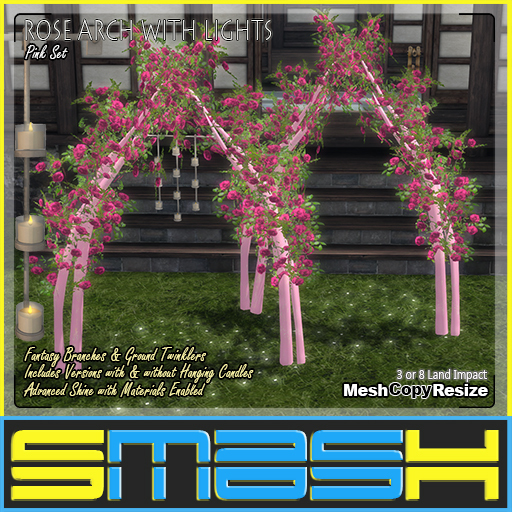 Second Life Marketplace - SMASH - Rose Arch with Lights (Pink Set)