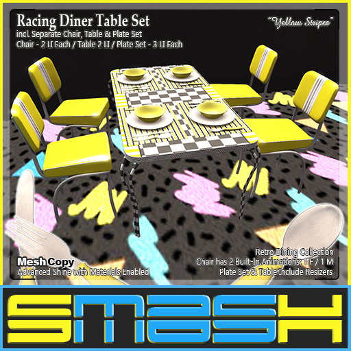 Second Life Marketplace - SMASH - Racing Diner Table Set (Yellow Stripes)