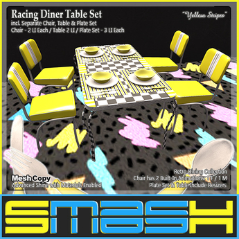 Second Life Marketplace - SMASH - Racing Diner Table Set (Yellow Stripes)