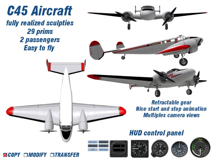 Second Life Marketplace - Aircraft C45 twin engines sculpted + HUD