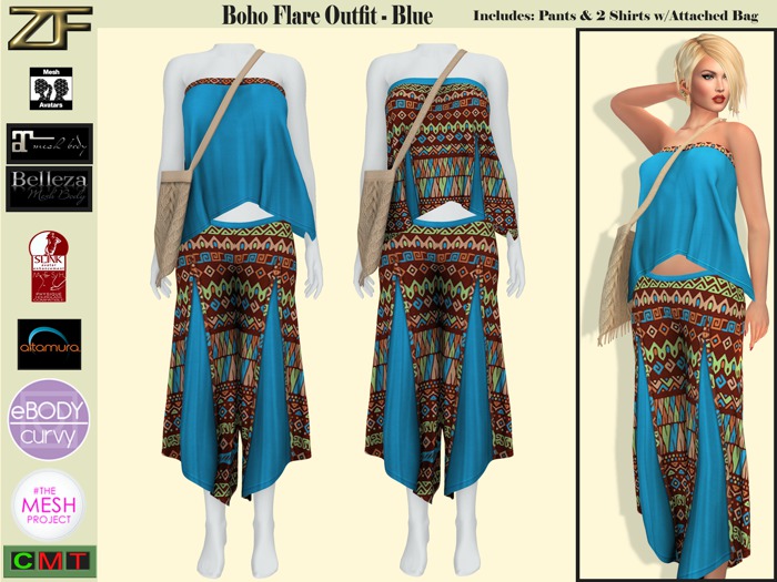 Second Life Marketplace - Zuloo - Fitmesh Boho Flare Outfit - Blue