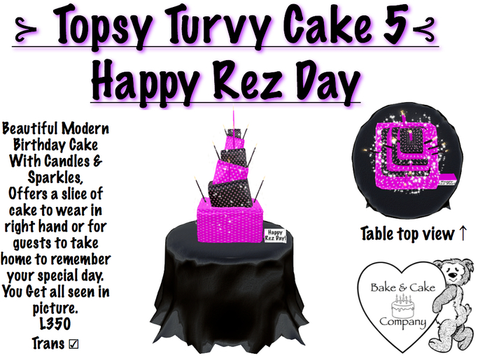 Second Life Marketplace - Topsy Turvy Cake 5 Happy Rez Day ( BOXED )