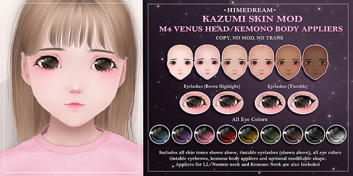 Second Life Marketplace - {HIME*DREAM} Kazumi Skin Mod + Eyes (M4 Venus ...
