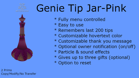 Second Life Marketplace - {Gemini} Genie Bottle Tip Jar-Pink v3.0 (boxed)
