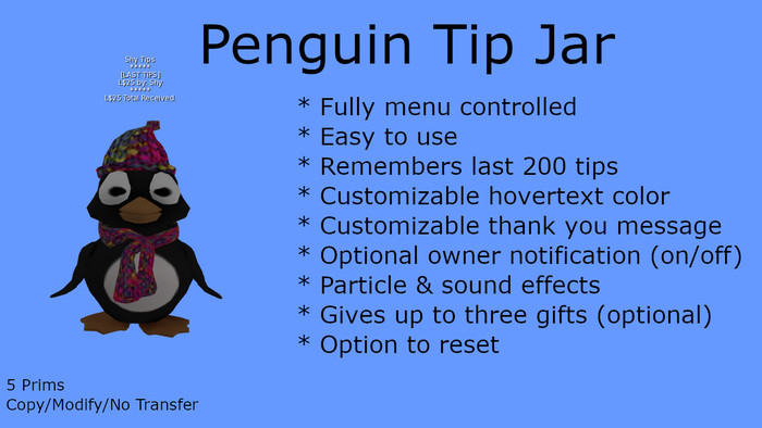 Second Life Marketplace - {Gemini} Penguin Tip Jar v3.0 (boxed)