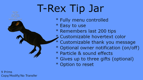 Second Life Marketplace - {Gemini} T-Rex Tip Jar v3.0 (boxed)