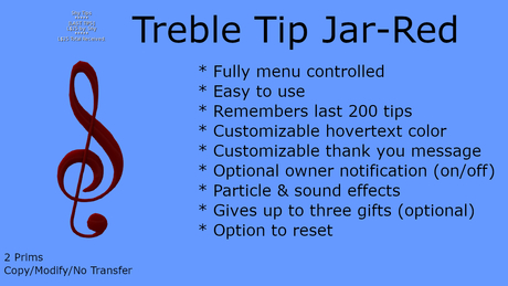 Second Life Marketplace - {Gemini} Treble Clef Tip Jar v3.0-Red (boxed)