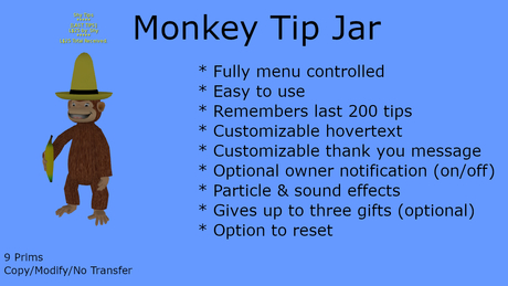 Second Life Marketplace - {Gemini} Monkey Tip Jar v3.0 (boxed)