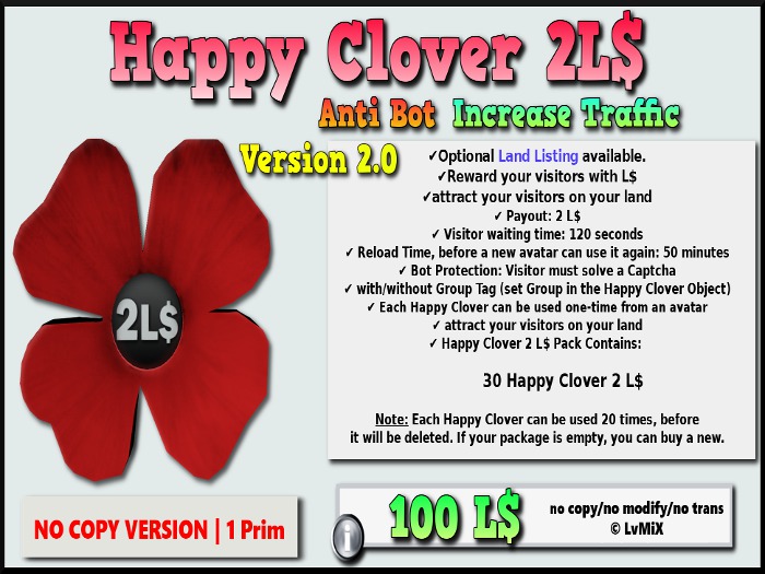 Second Life Marketplace - Happy Clover 2L$ - No Copy Version