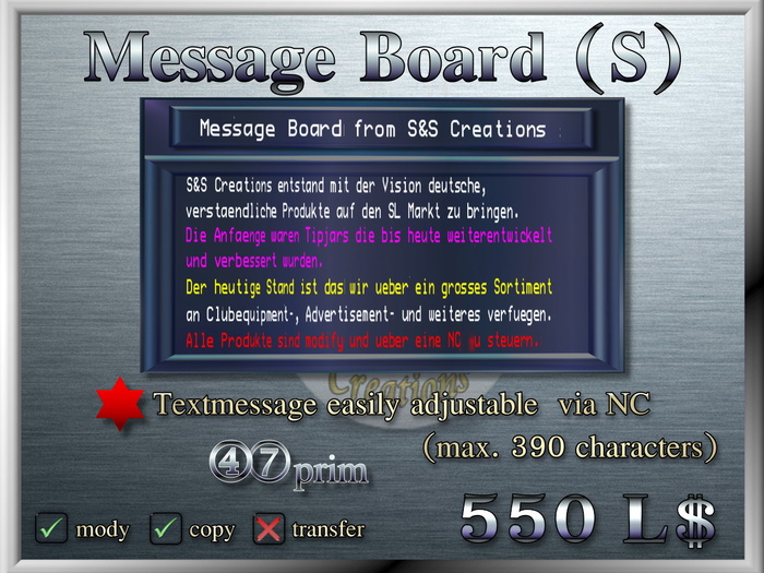 Second Life Marketplace - S&S Message Board V1.3