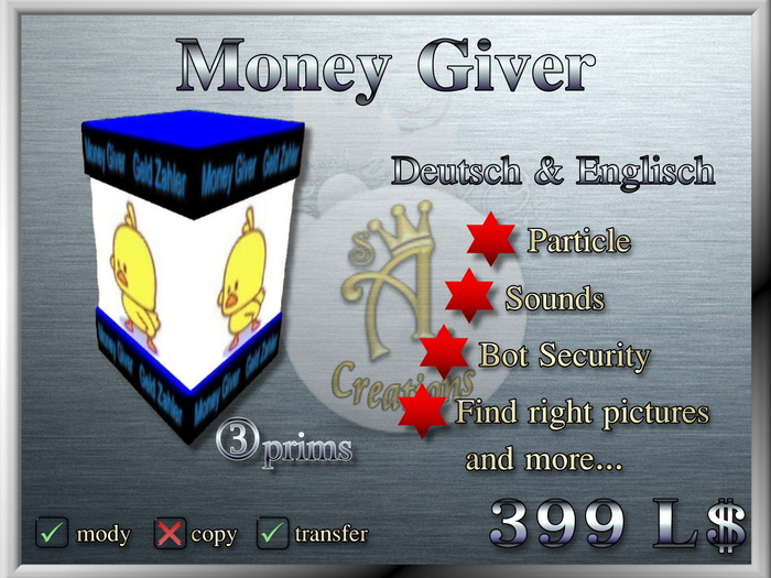 Second Life Marketplace - S&S Creation Money Giver V3.0