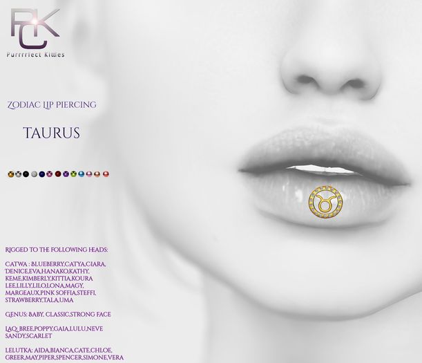 Second Life Marketplace - *PKC* Zodiac Taurus Bento Lip Piercing