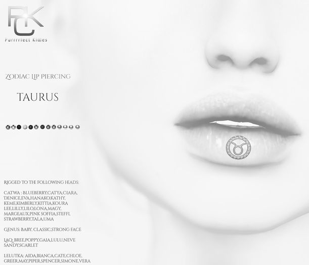 Second Life Marketplace - *PKC* Zodiac Taurus Bento Lip Piercing DEMO