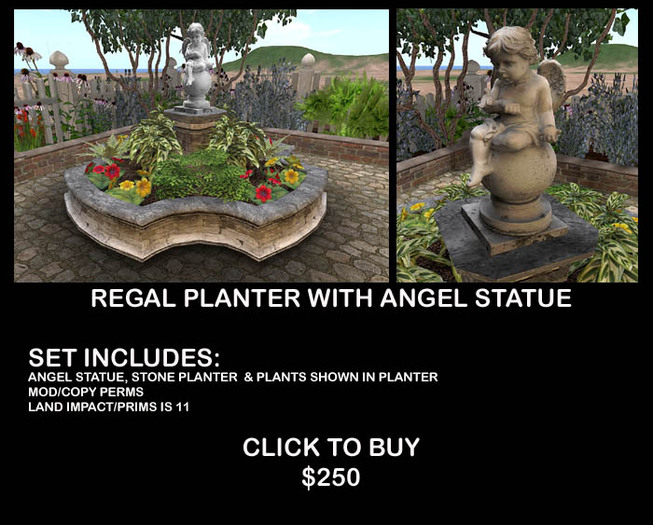 Second Life Marketplace - Regal Stone Angel Statue Planter With Plants
