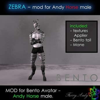 Second Life Marketplace - Furry Andy - Mod for avatar - Andy Horse Male - Zebra